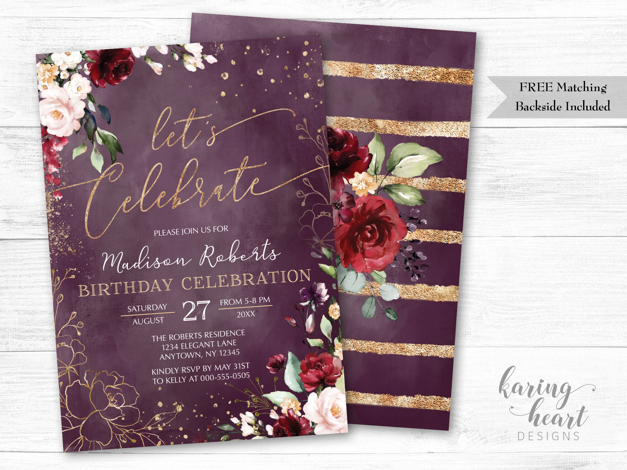 Let's Celebrate Adult Birthday Invitation Birthday Invite Burgundy and ...