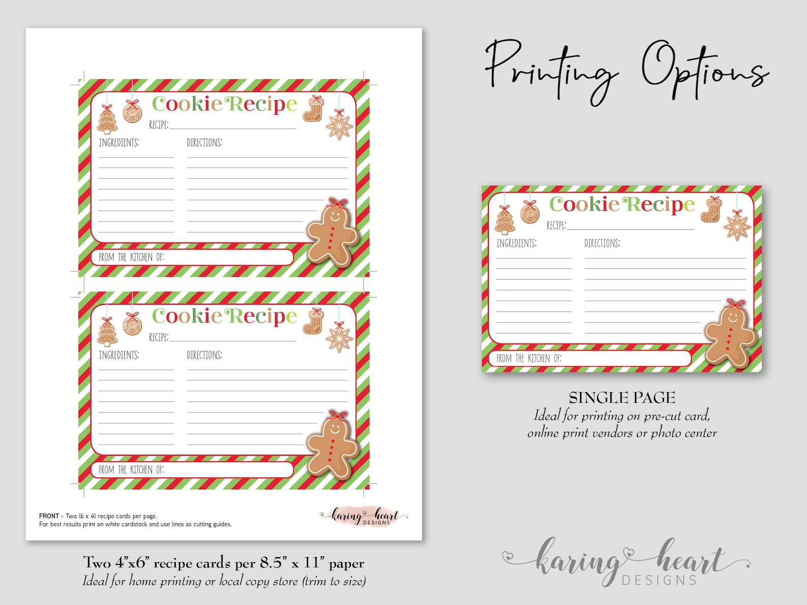 Christmas Cookie Recipe Card 4x6, Gingerbread Man, Printable Recipe ...