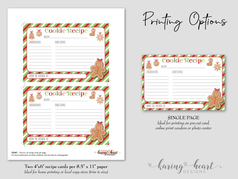Christmas Cookie Recipe Card 4x6, Gingerbread Man, Printable Recipe ...