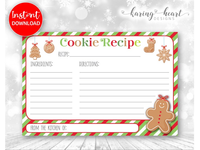 Christmas Cookie Recipe Card 4x6, Gingerbread Man, Printable Recipe ...