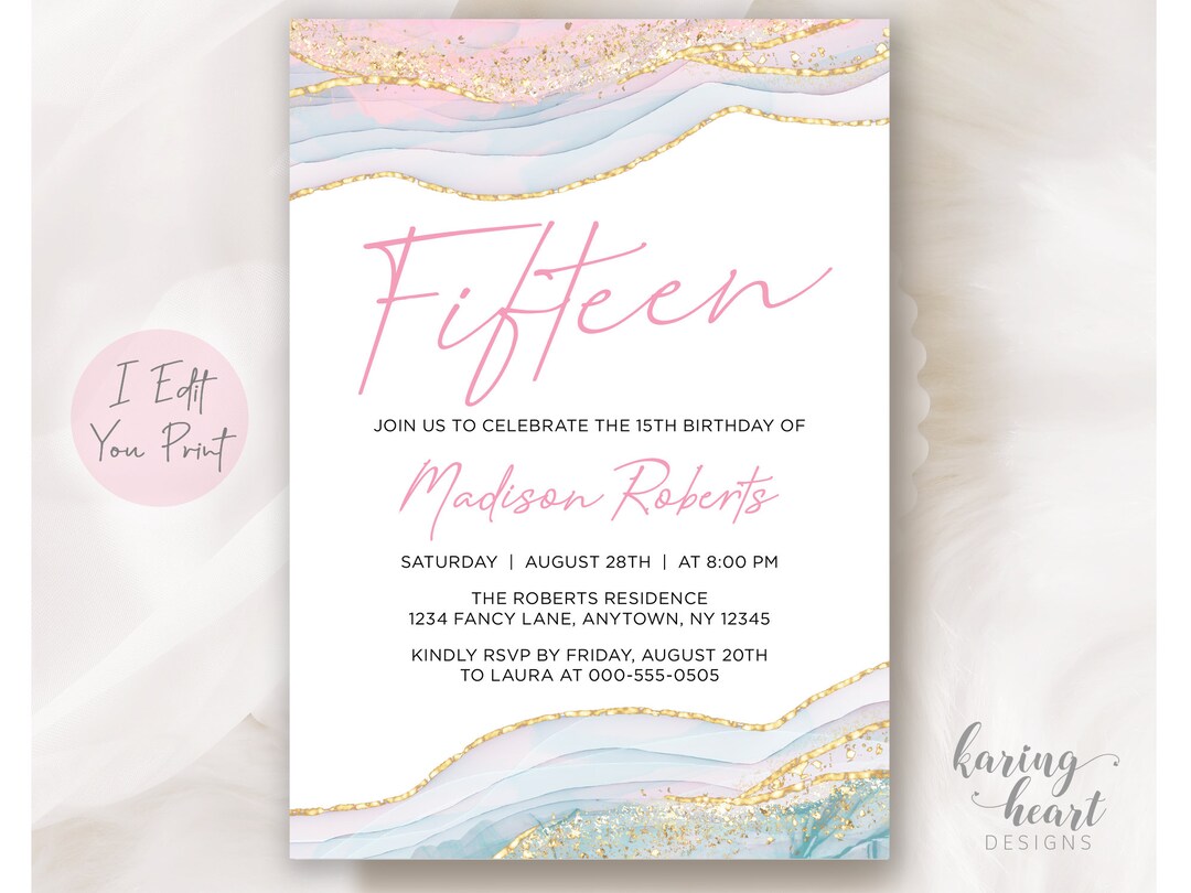 Fifteen Birthday Invitation | 15th Birthday Invite | Agate Invitation ...