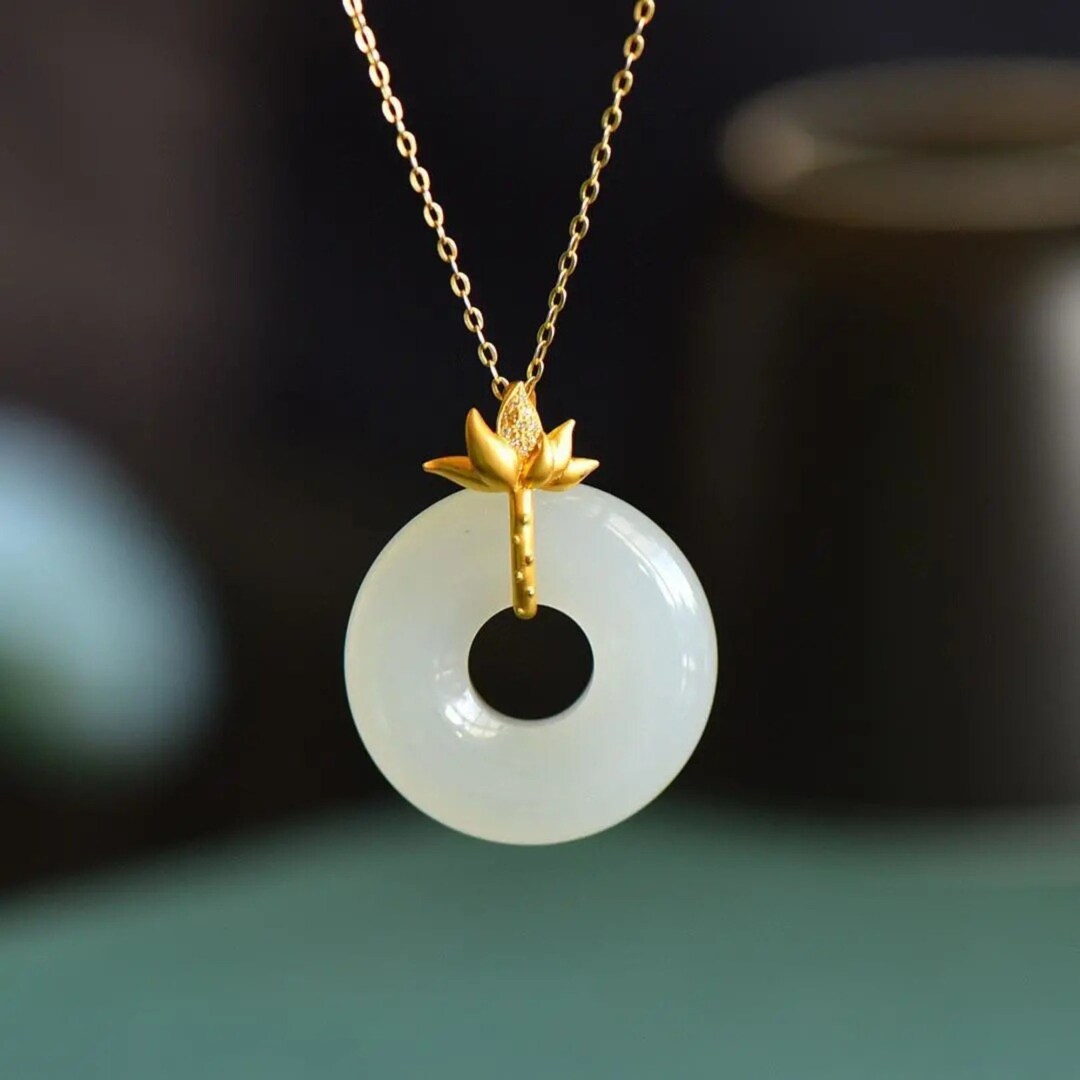 Lotus Jade Necklace, White Jade Circle Necklace, Jade Donut Necklace, Natural Jade Necklace ...