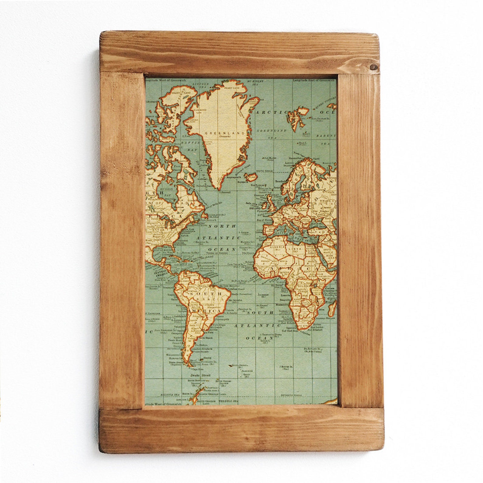 Vintage style world map print in light oak real wood frame A4 | Etsy