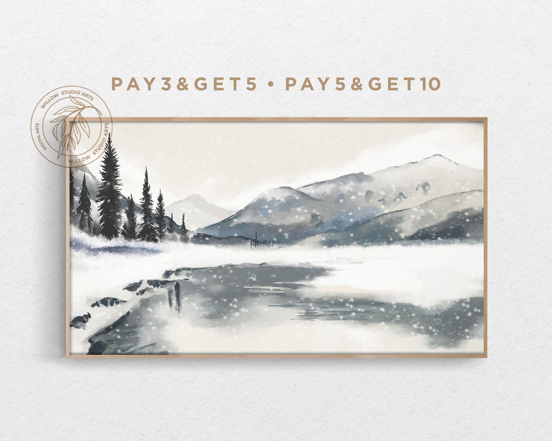 4K Winter Frame TV Art, Watercolor Landscape Painting, Hand Drawn ...