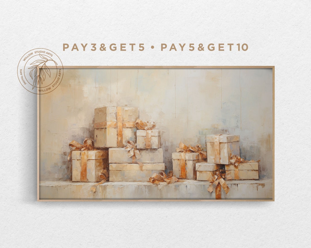 4K Christmas Frame TV Art, Wrapped Gifts Beige Vintage Oil Painting ...