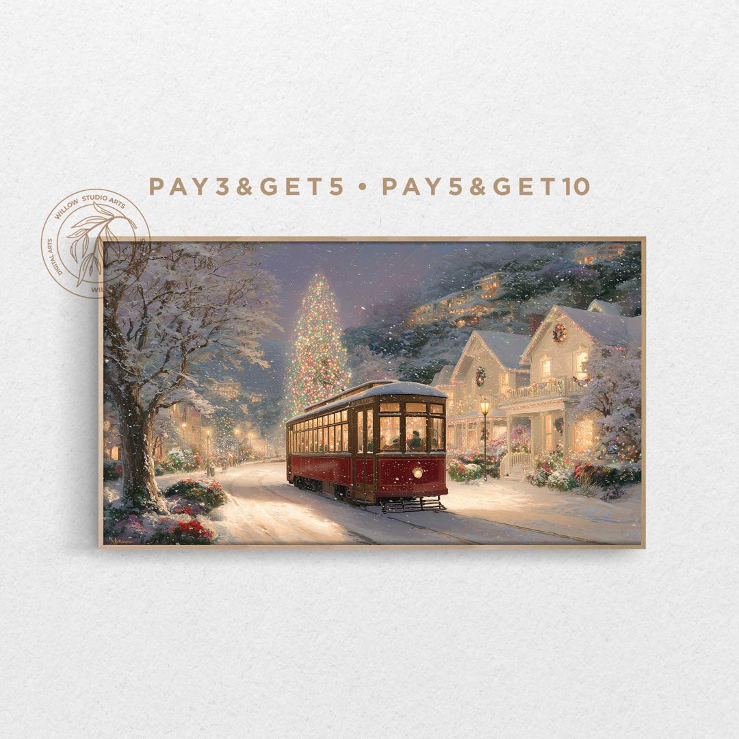 4K Christmas Frame TV Art, Red Trolley Car Driving Through Town ...