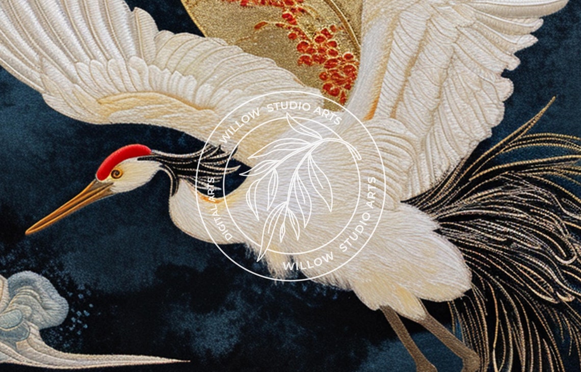 4K Frame TV Art, Flying White Crane, Vintage Chinese Embroidery Art ...