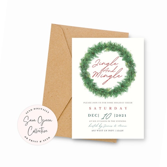 Holiday Party Wreath Invitation Christmas Party Jingle and | Etsy