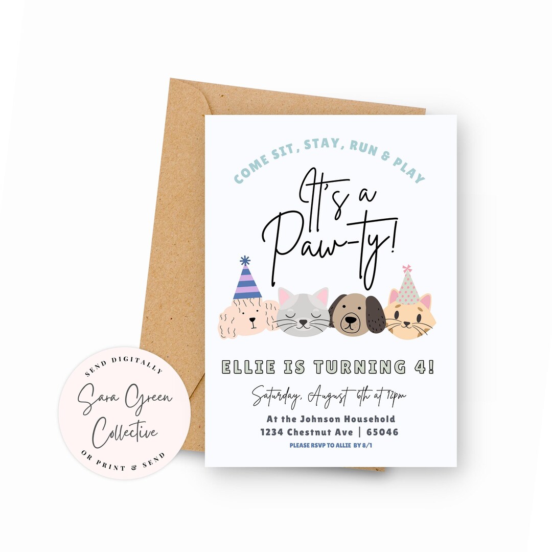 Puppy & Cat Pawty Birthday Invitation: Editable, Printable (digital ...