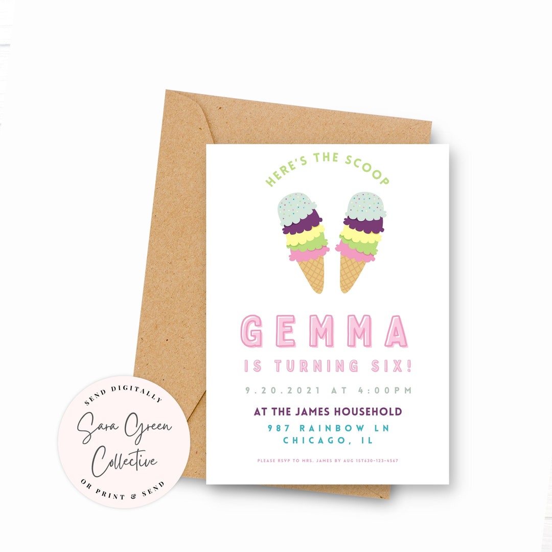 Ice Cream Birthday | Here's the Scoop Invitation | Ice Cream Cone ...