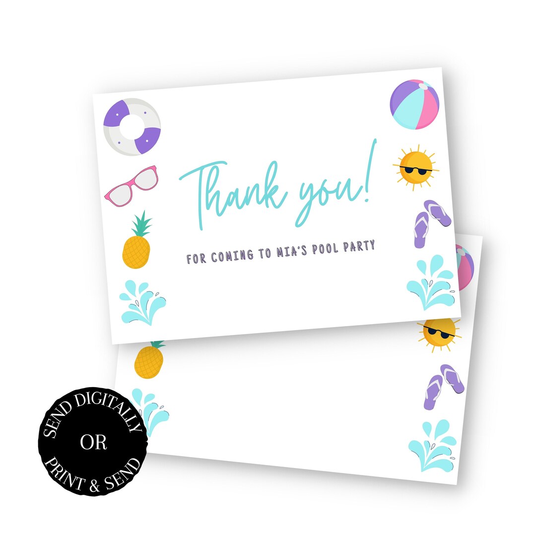 Pool Party Birthday Thank You Card ,pool Party Thanks, Birthday Thank ...