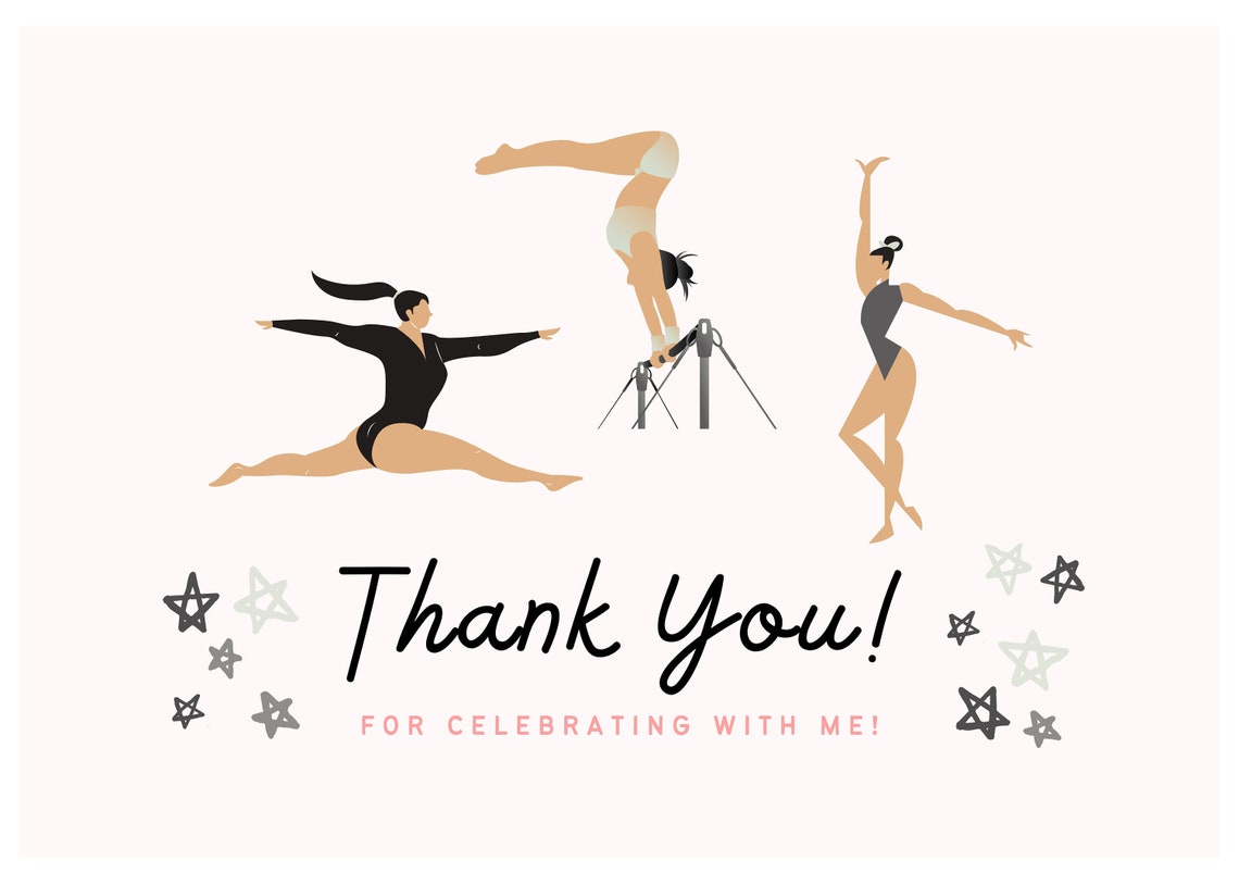Gymnastics Birthday Thank You Card, Girls Gym Thanks, Birthday Thank ...