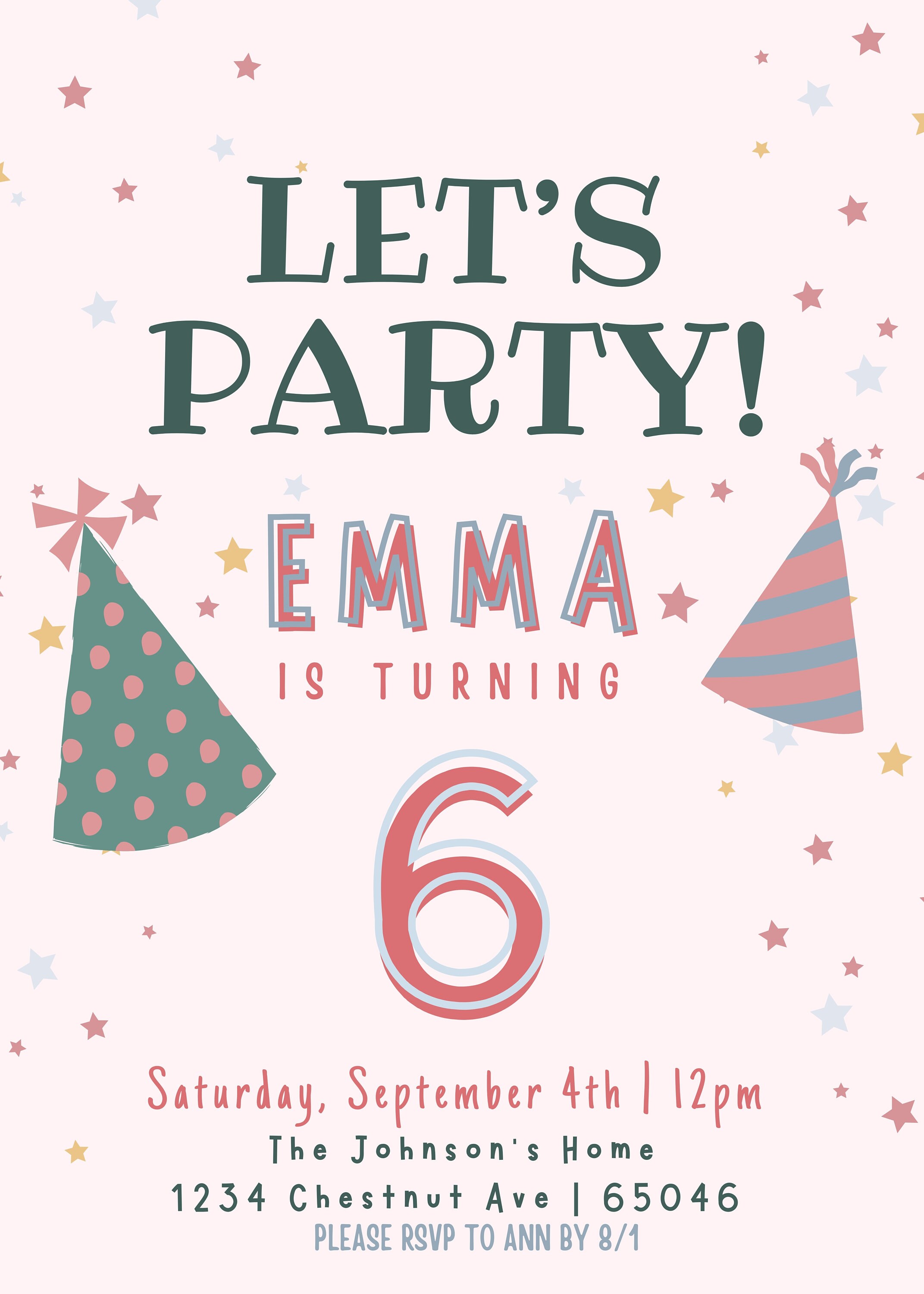Editable Party Hat Birthday Invitation: Girls Party (canva Digital ...