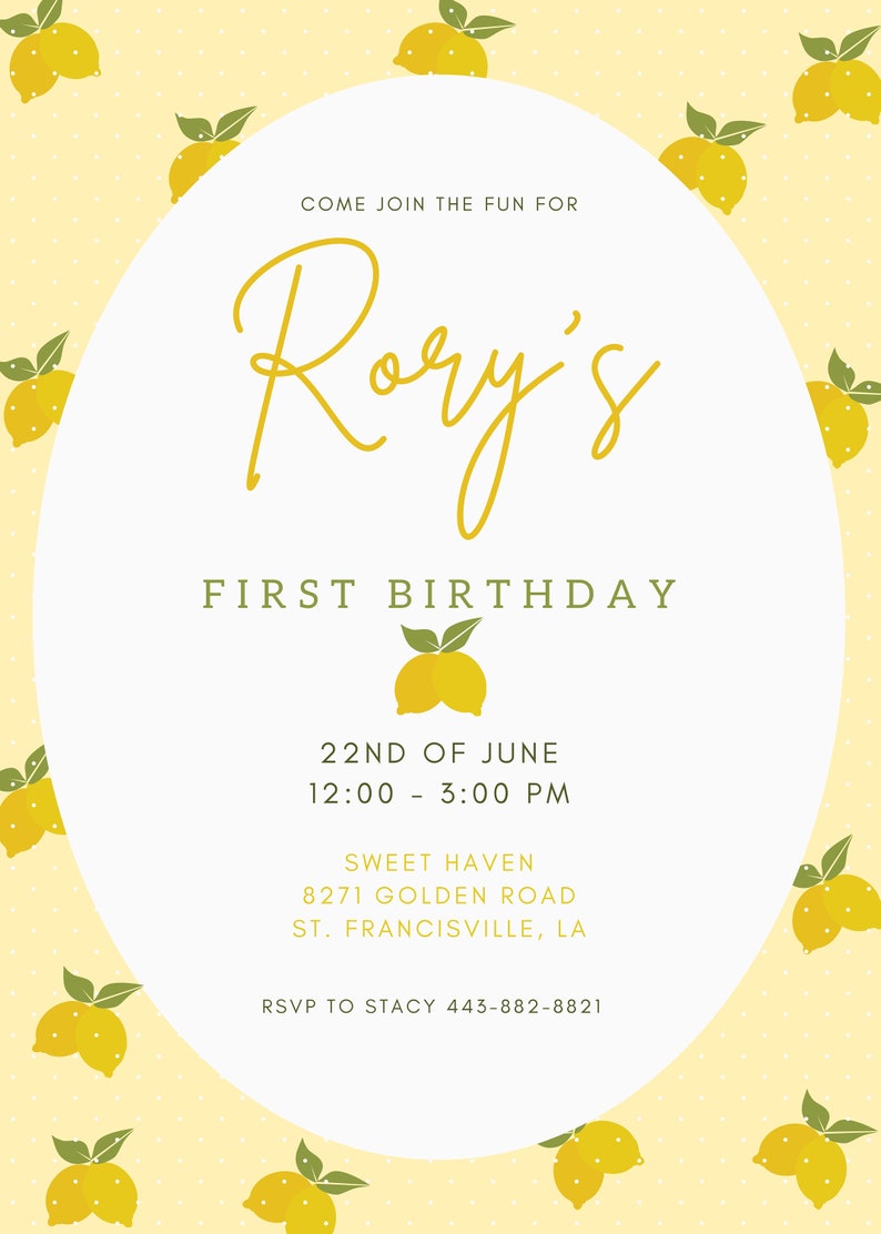 Lemon Invitation, Lemon Party Invite, Girl Lemon Birthday Invitation ...
