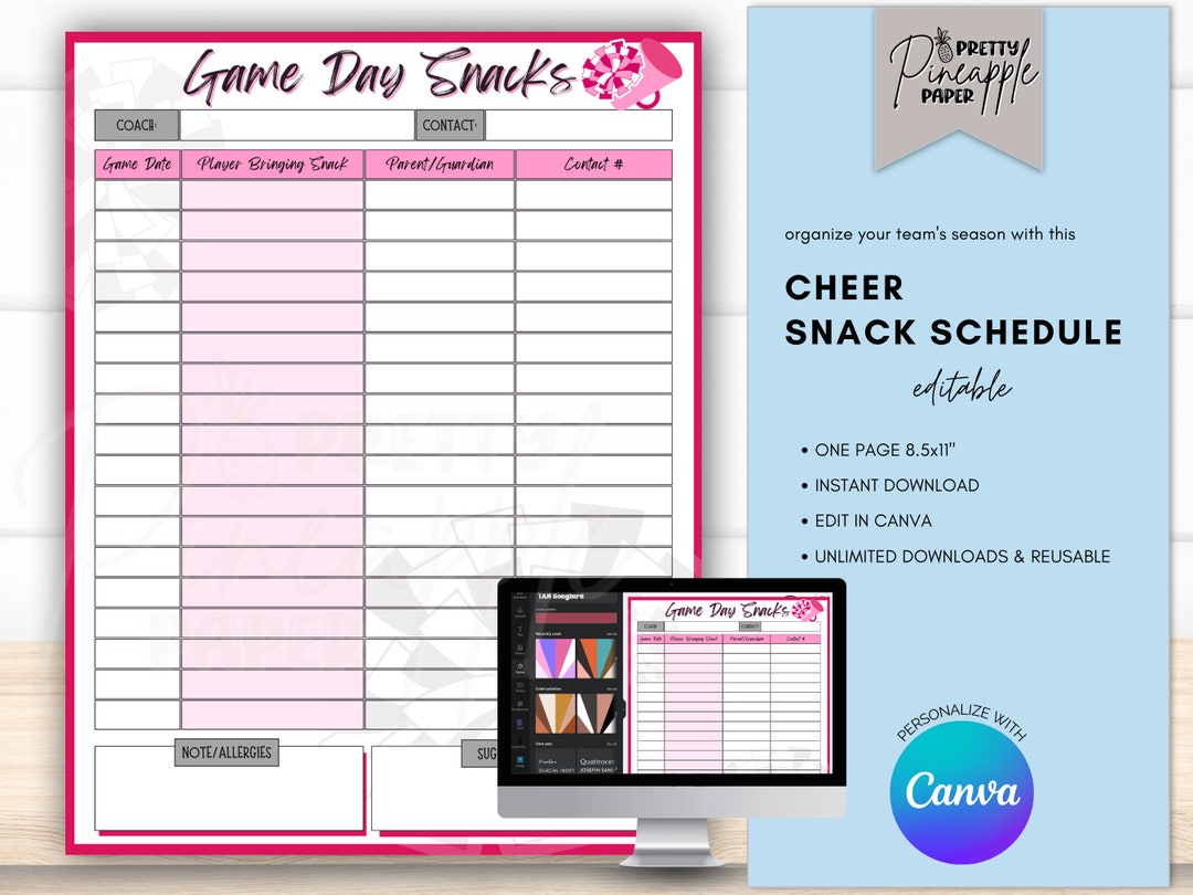 Editable Cheer Game Day Snack Schedule Template Instant Download to ...