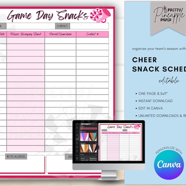 Cheer Game Day Snack Schedule Template - Etsy