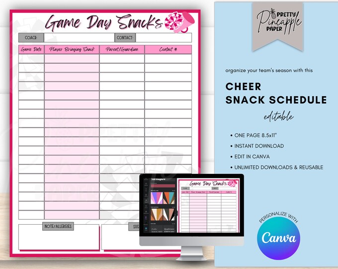Editable Cheer Game Day Snack Schedule Template Instant Download to ...