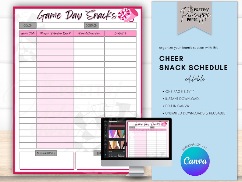 Editable Cheer Game Day Snack Schedule Template Instant Download to ...