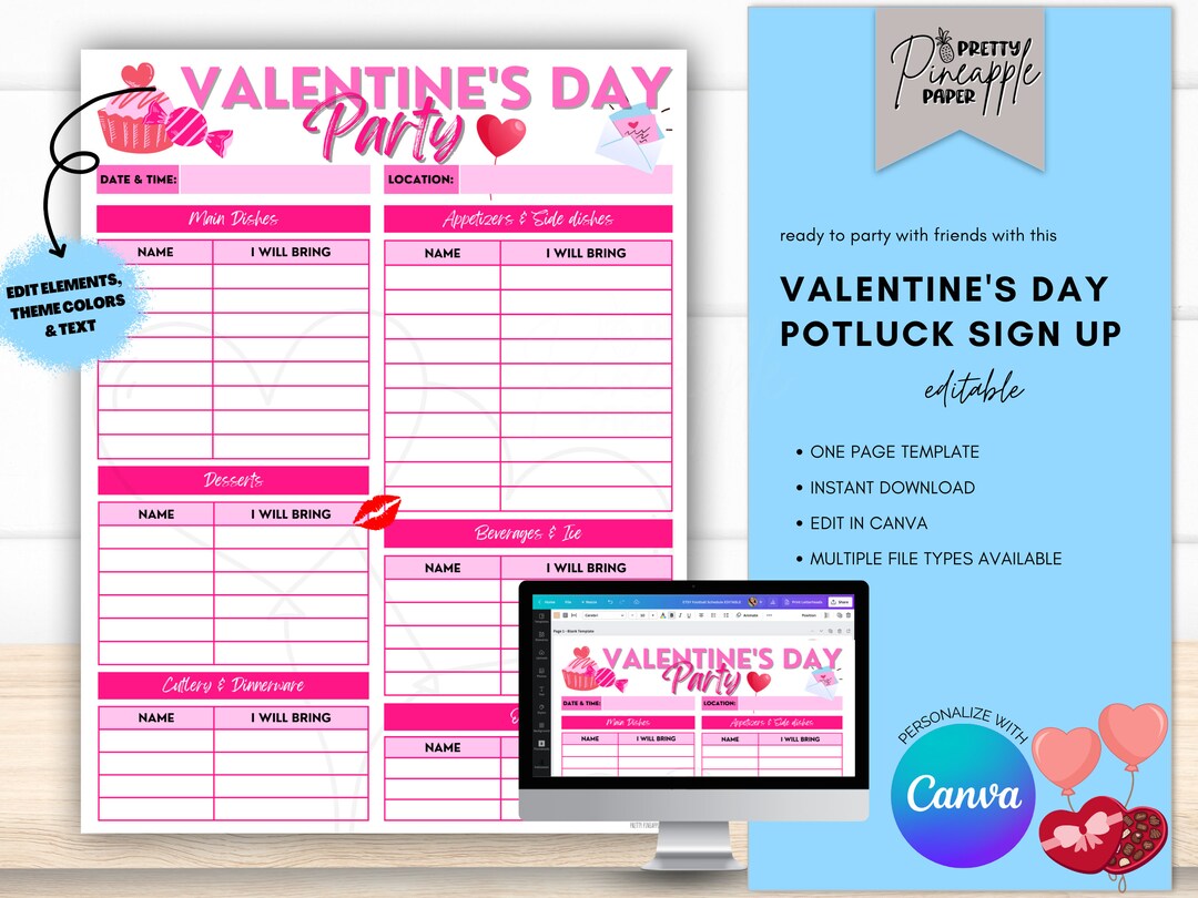 Editable Valentine's Day Potluck Party Sign up Sheet, Instant Digital ...