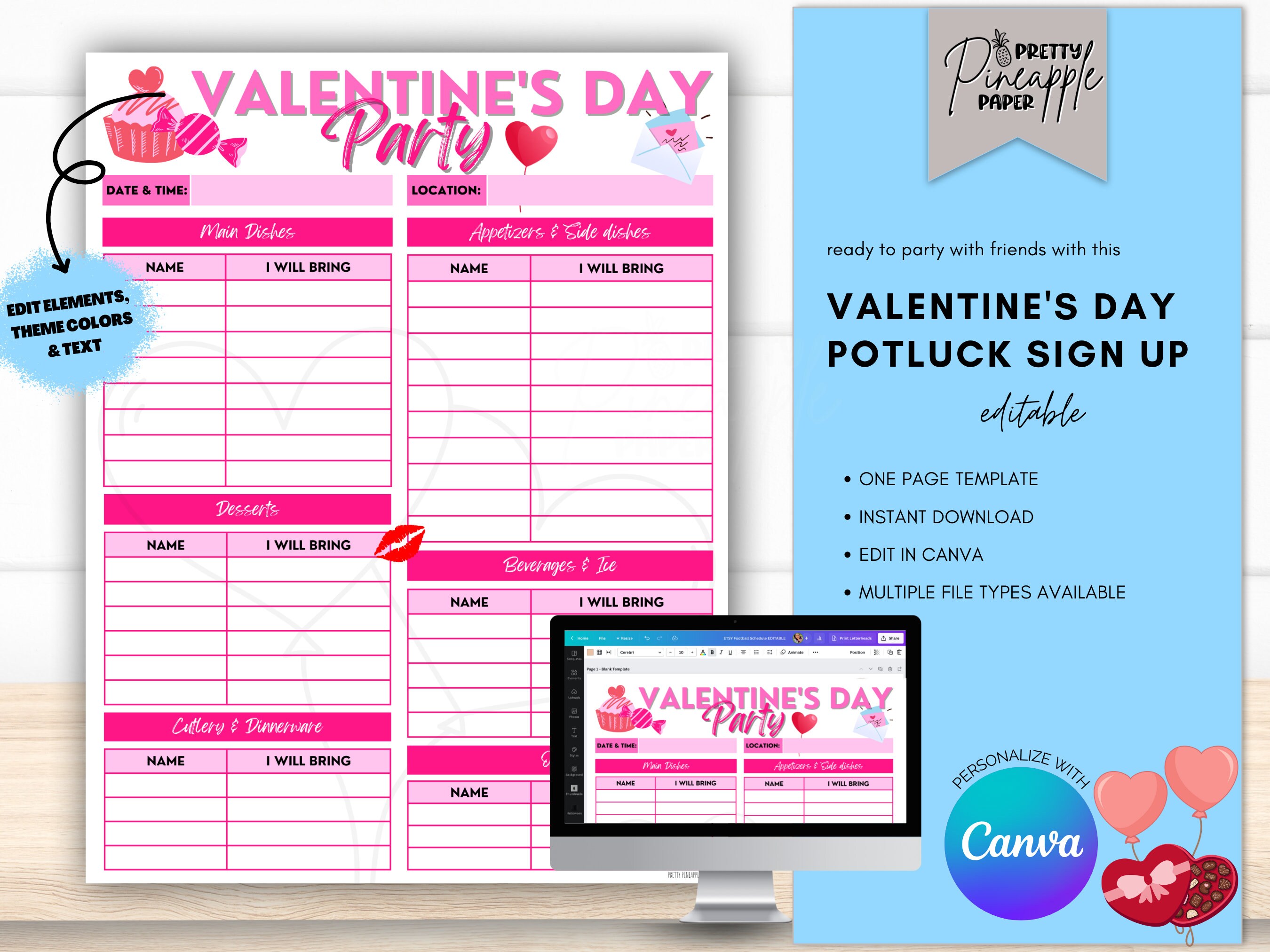 Editable Valentine's Day Potluck Party Sign up Sheet, Instant Digital ...