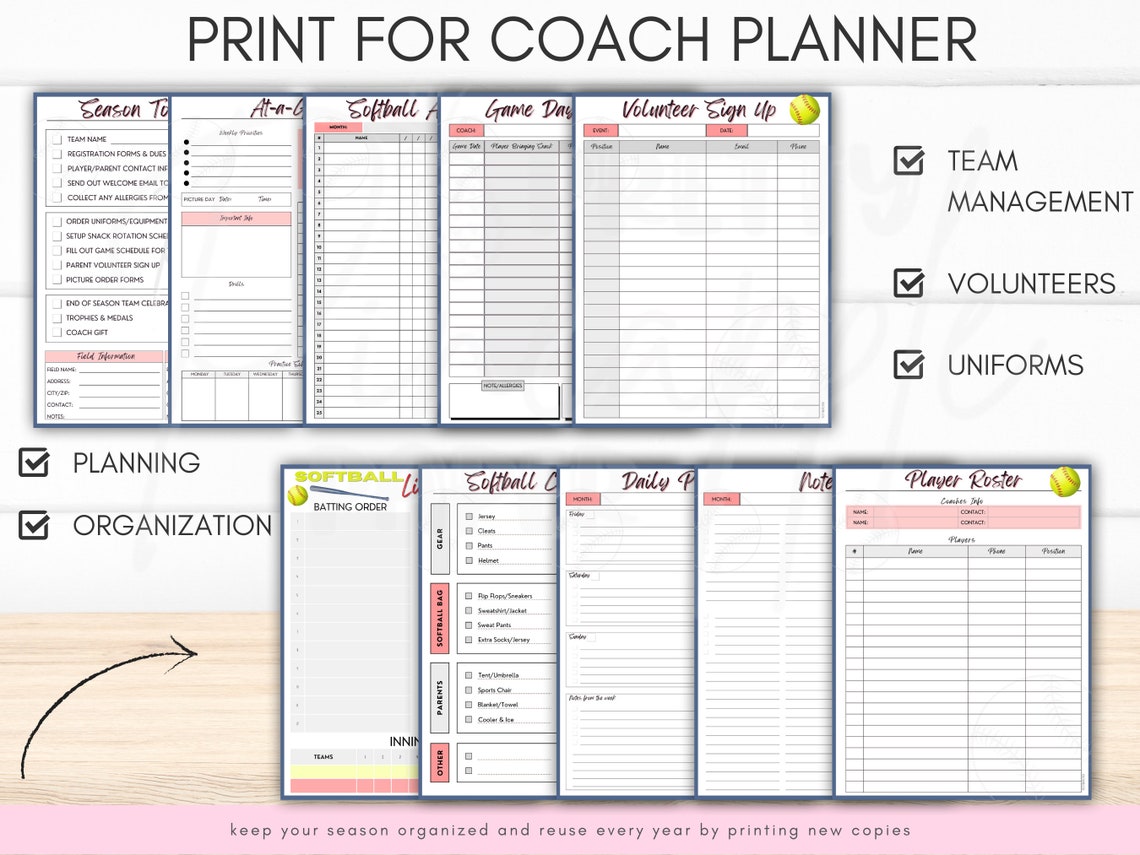 Printable Softball Team Management Planner for Coach and Team Mom, Game ...