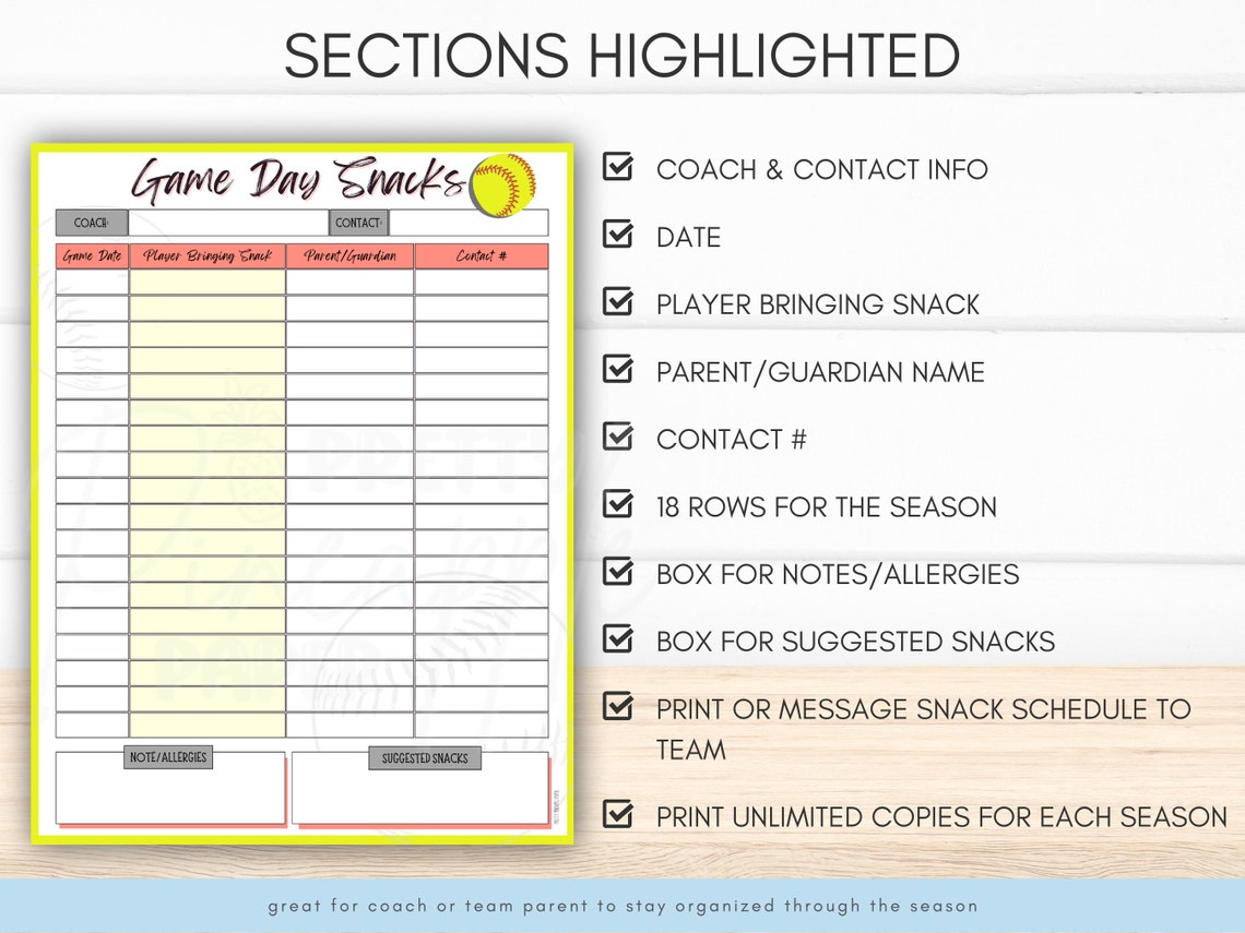 Editable Softball Game Day Snack Schedule Template. Instant Download to ...
