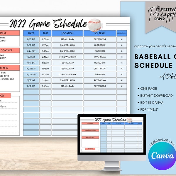 Baseball Game Schedule Template - Etsy