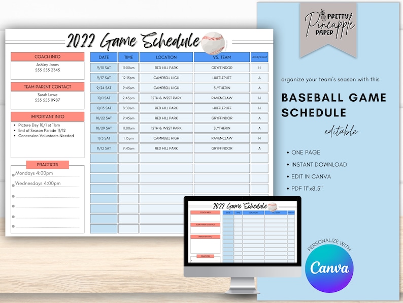 Editable Baseball Game Schedule Template Instant Download to Organize ...