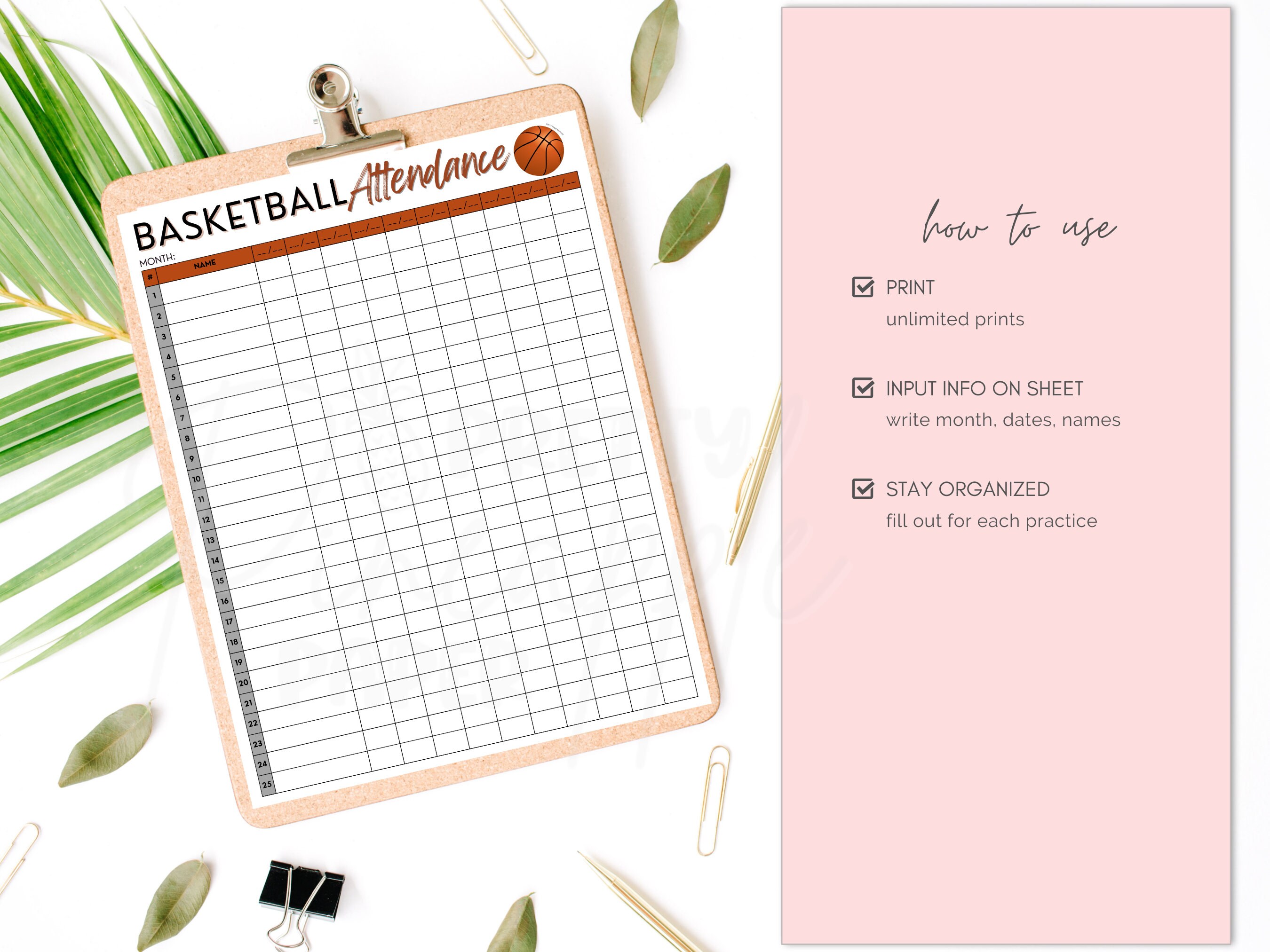 Printable Basketball Season Attendance Sheet Instant Download Template ...