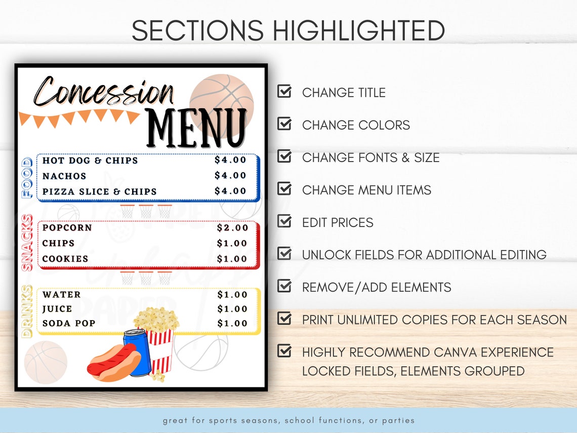 Editable Concession Stand Menu Basketball, Instant Download Canva ...