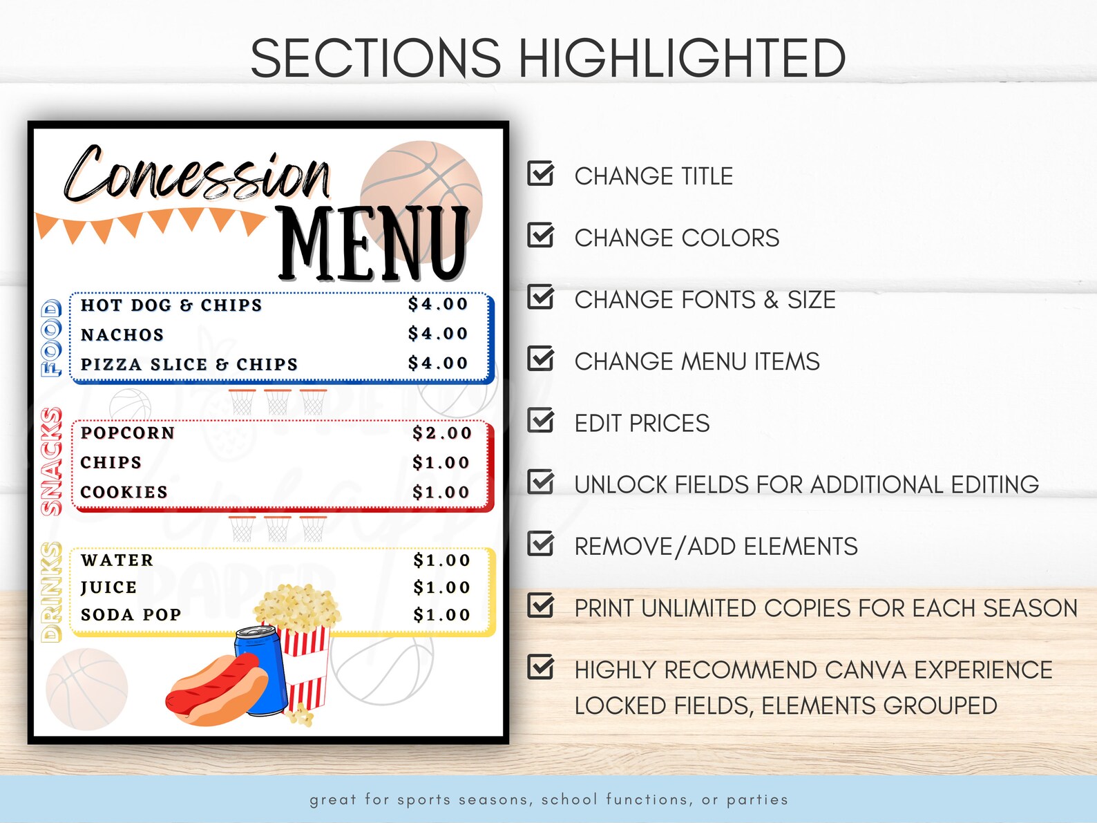 Editable Concession Stand Menu Basketball, Instant Download Canva ...
