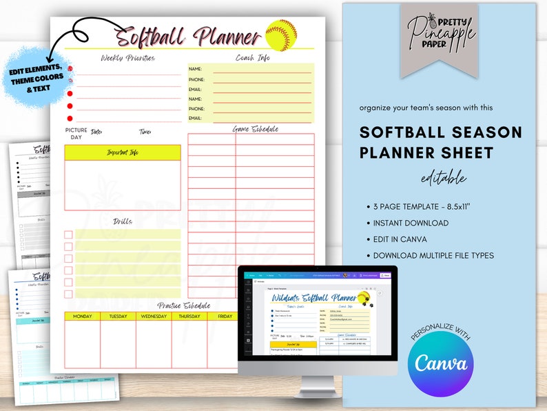 Editable Softball Season Planner Sheet, Instant Digital Download, Edit ...