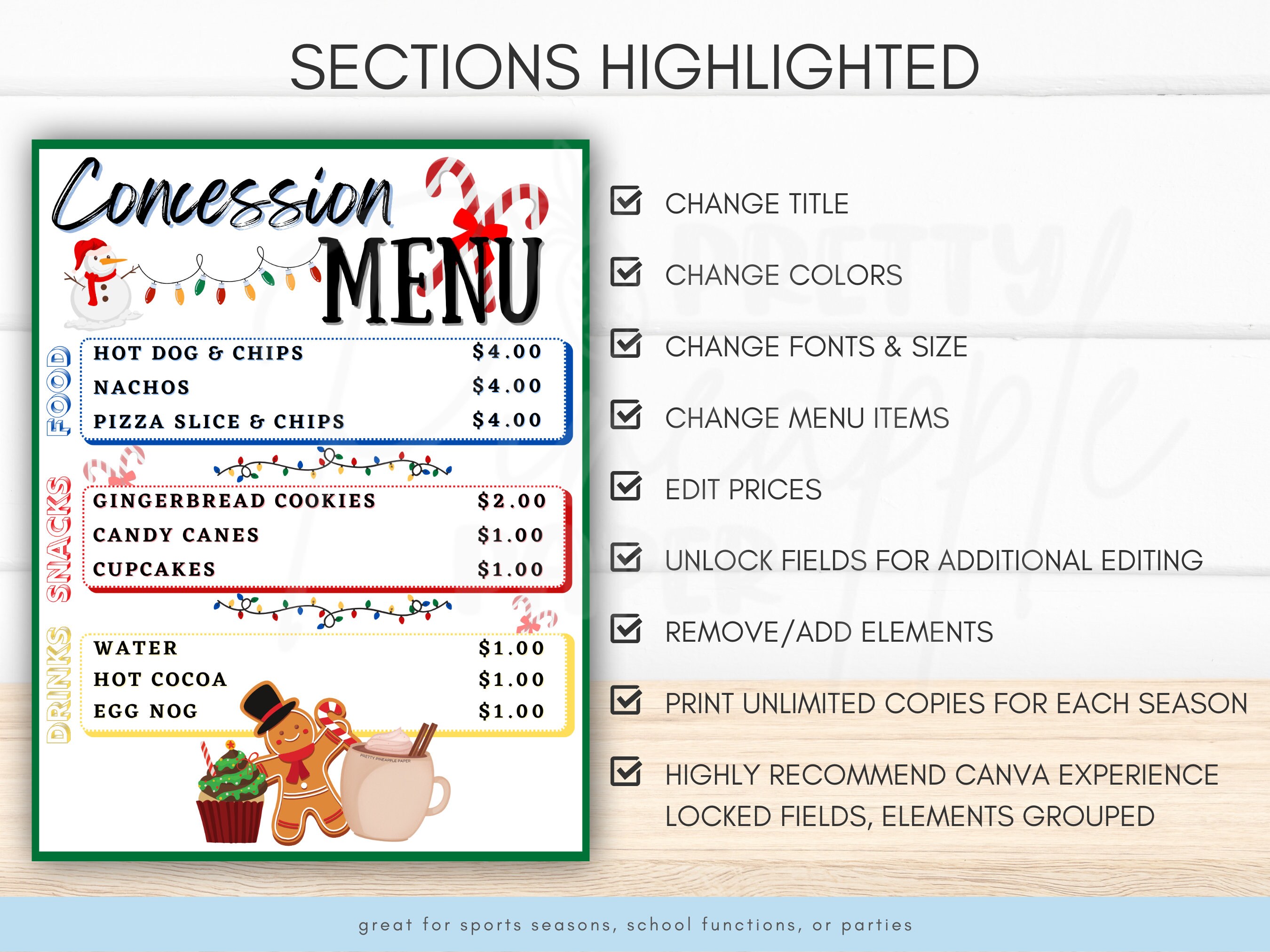Editable Concession Stand Menu Christmas Holiday, Canva Template, Party ...