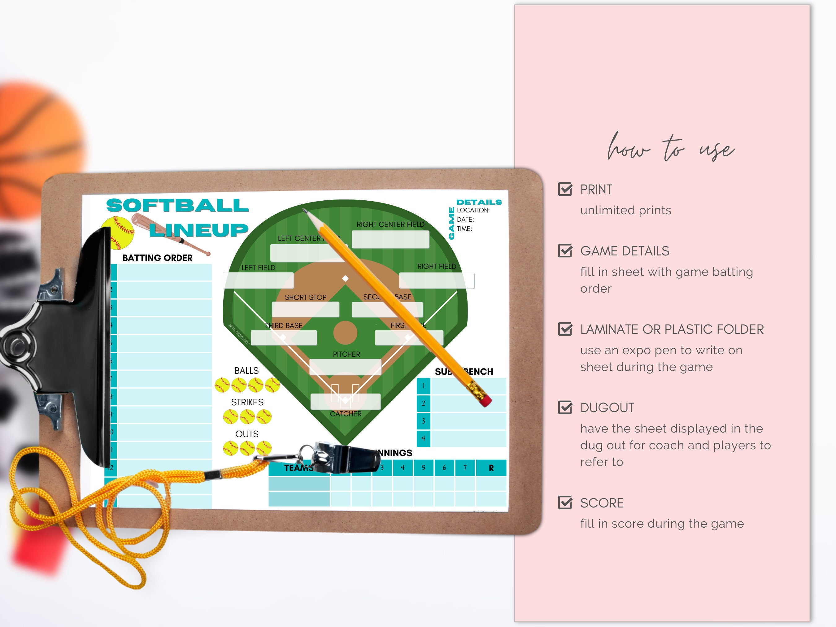Printable Softball Line up and Field Position Sheet Batting Order ...