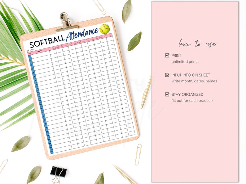 Printable Softball Season Attendance Sheet Instant Download Template ...