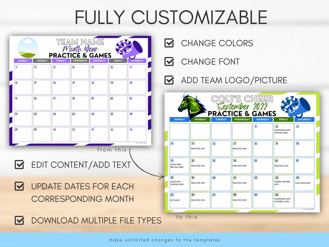 Editable Cheerleader Calendar Template, Instant Download Practice Game ...