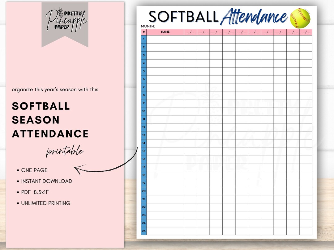 Printable Softball Season Attendance Sheet Instant Download Template ...