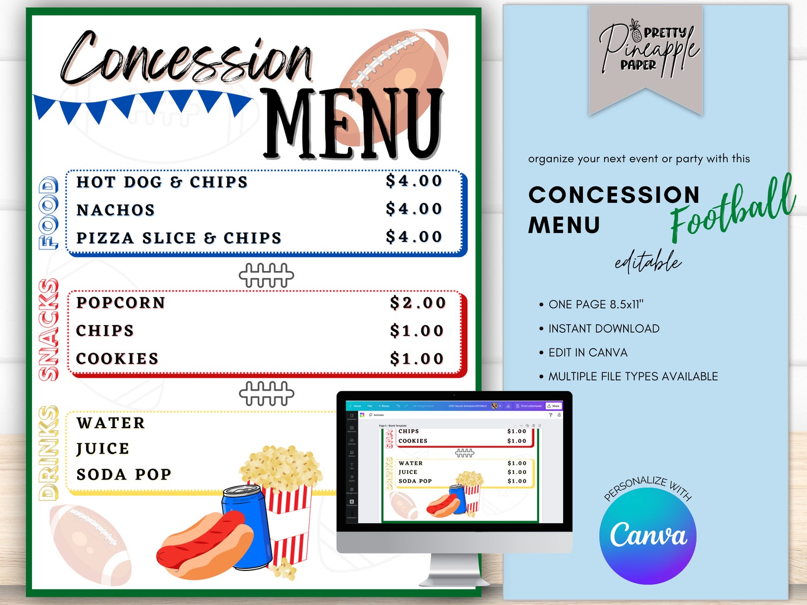 Editable Concession Stand Menu Football, Instant Download Canva ...
