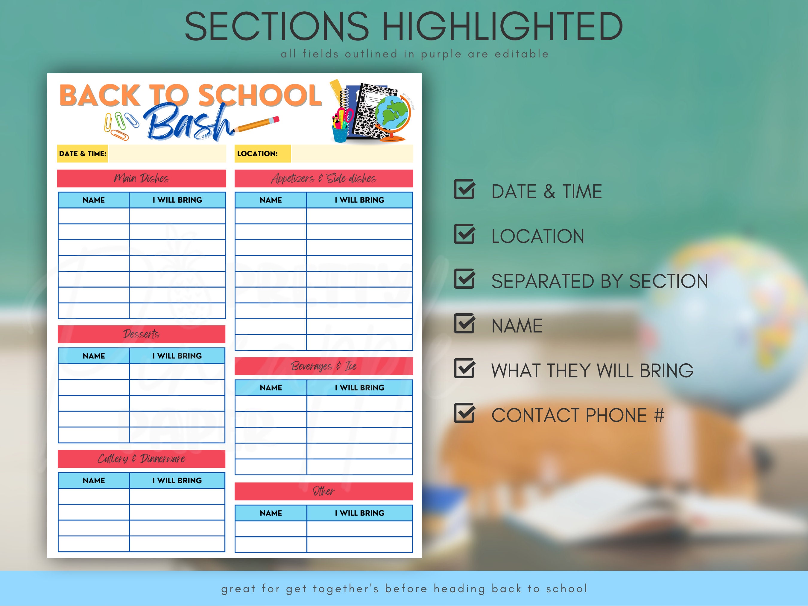 Editable Back to School Bash Sign up Sheet, Instant Digital Download ...