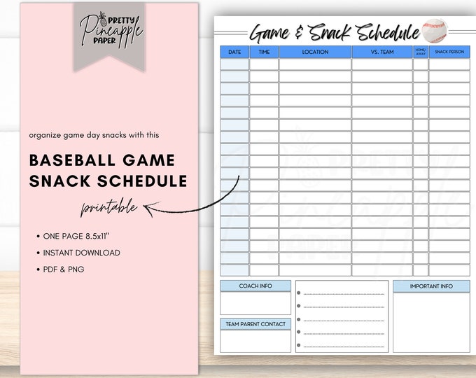 Printable Baseball Team Game Day and Snack Schedule, Fillable Template ...