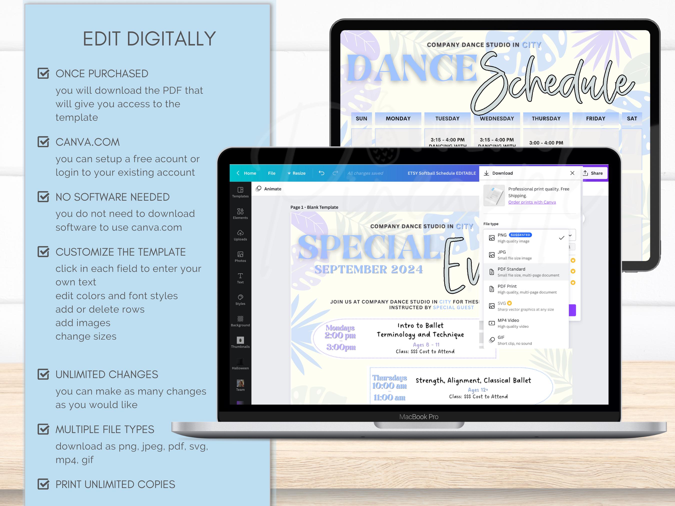 Editable Dance Schedule for Studio, Monthly Calendar, Special Events ...