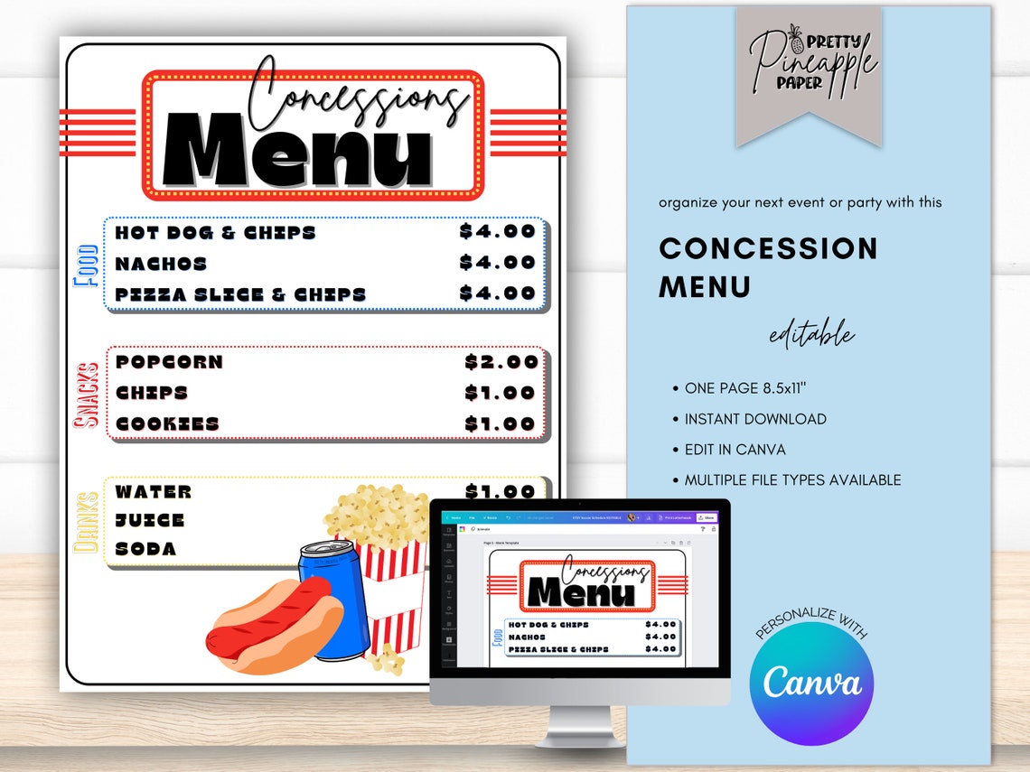 Editable Concession Stand Menu, Canva Template, Instant Download ...