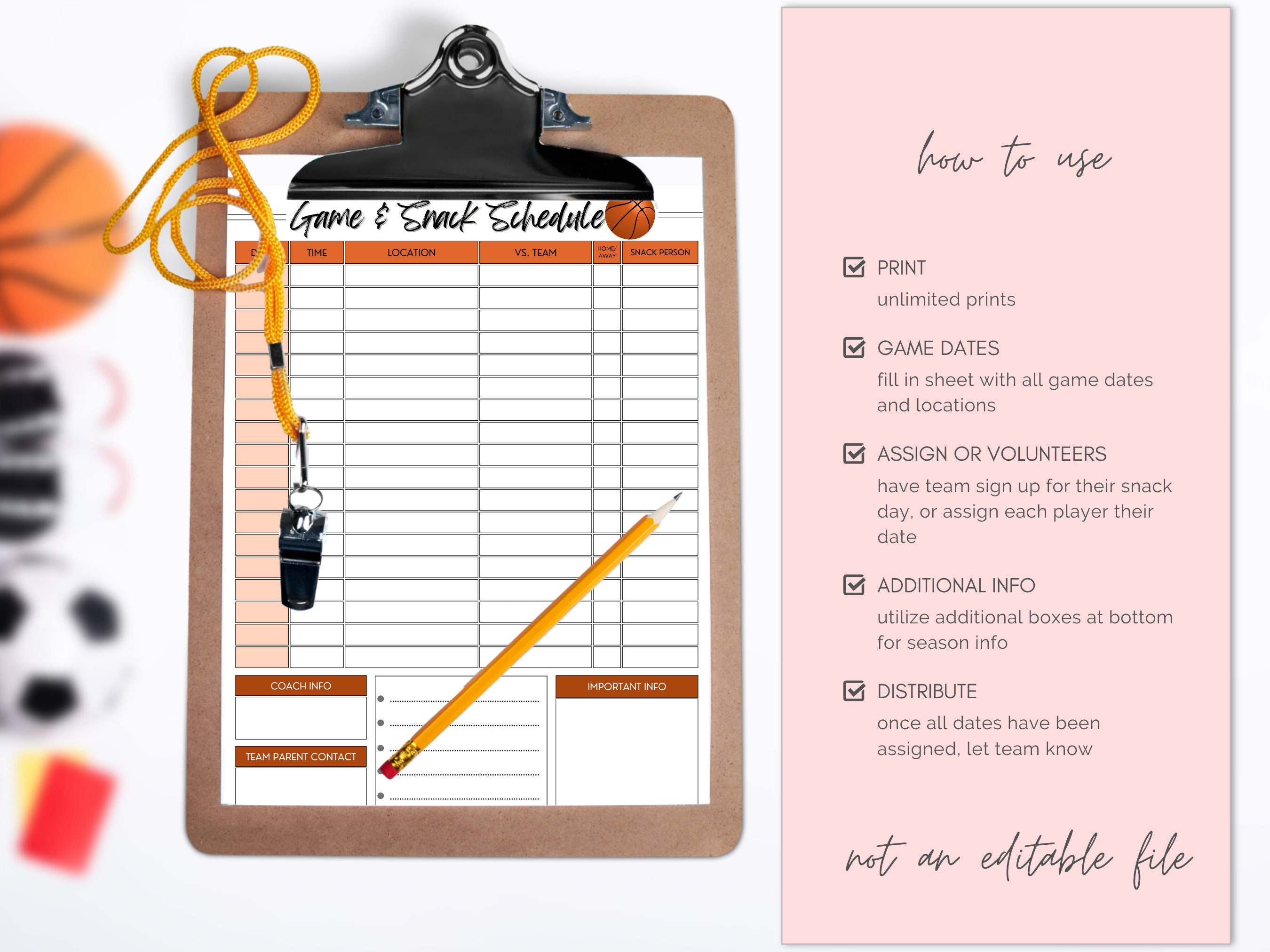 Printable Basketball Team Game Day and Snack Schedule, Instant Download ...