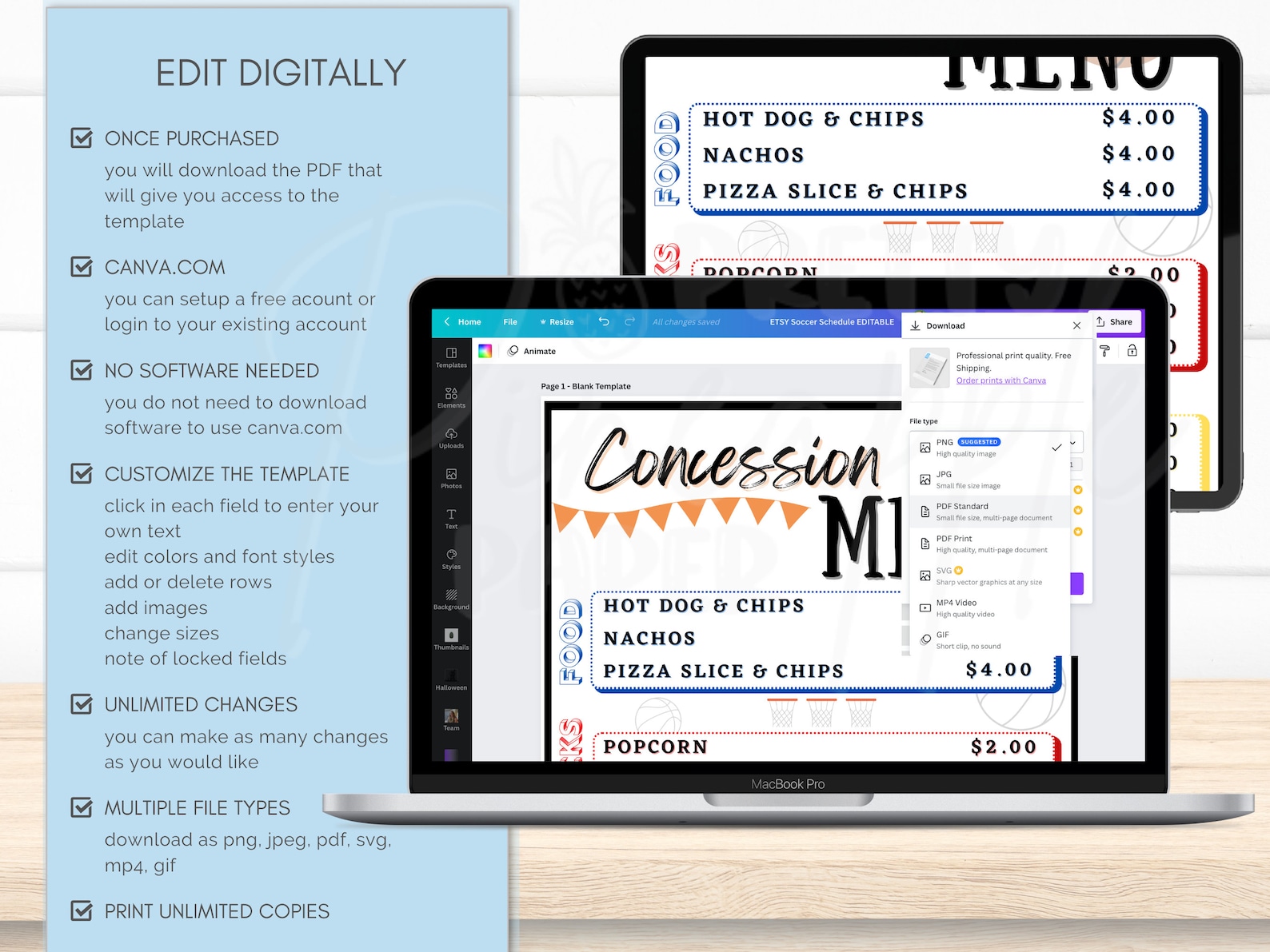 Editable Concession Stand Menu Basketball, Instant Download Canva ...