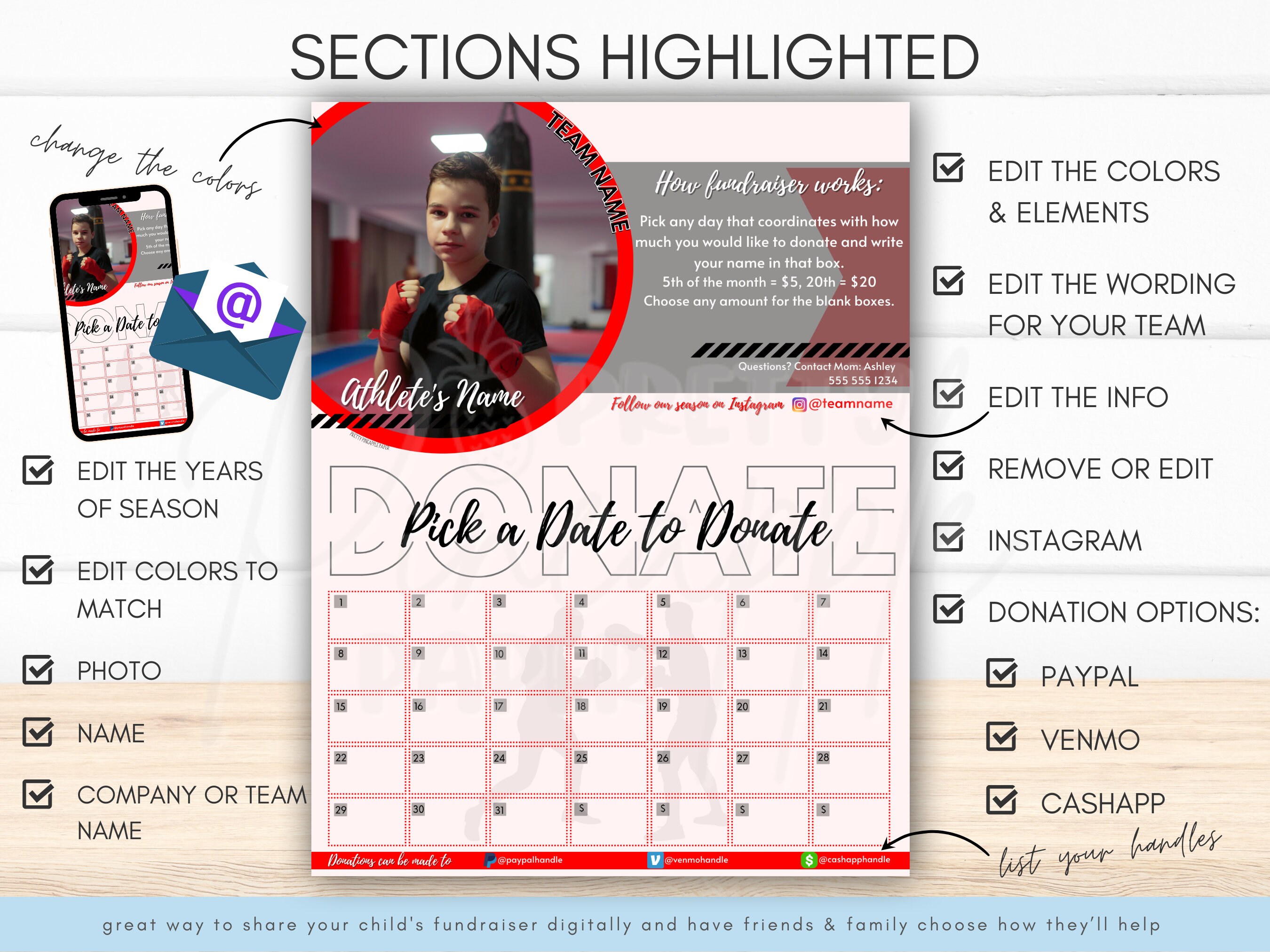 Editable Boxing - Calendar Fundraiser Template, Pick a Date to Donate ...