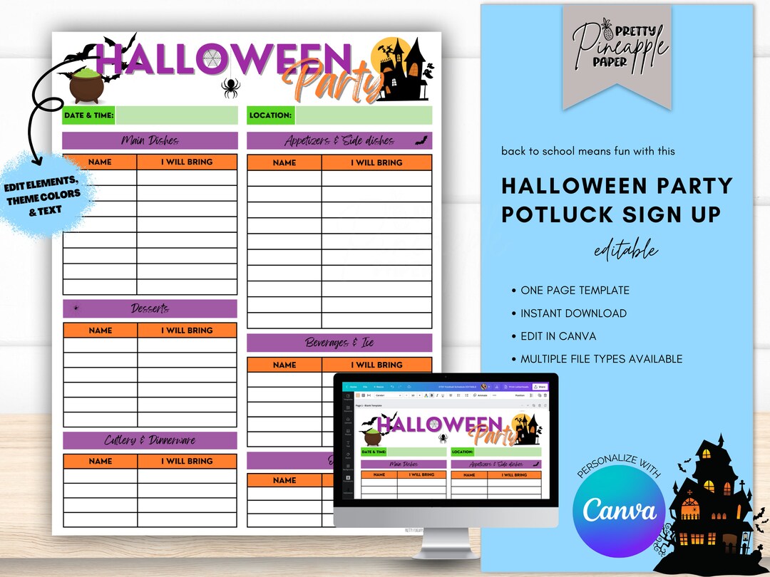Editable Halloween Potluck Party Sign up Sheet, Instant Digital ...