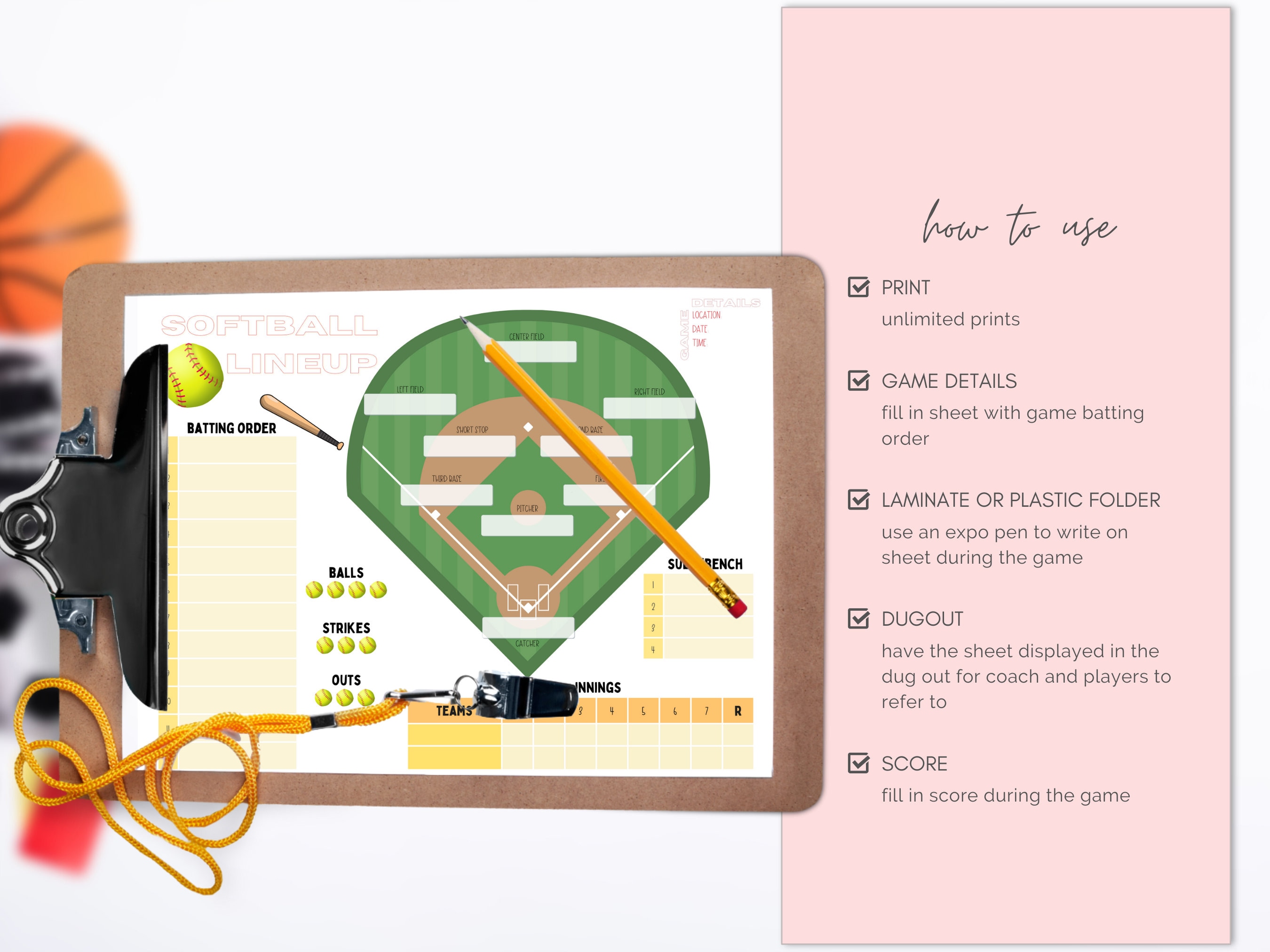 Printable Softball Line up and Field Position Sheet Batting Order ...