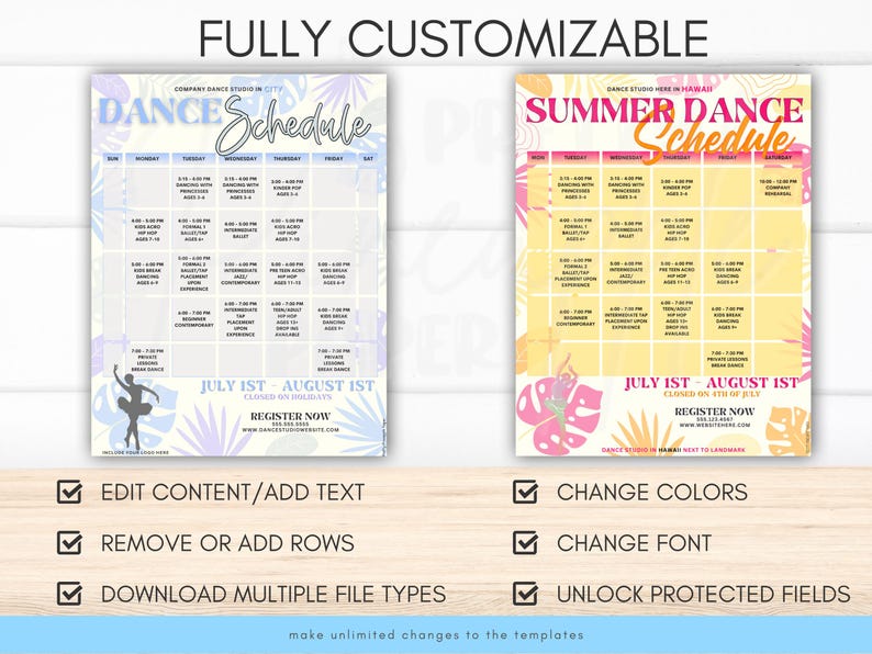 Editable Dance Schedule for Studio, Monthly Calendar, Special Events ...