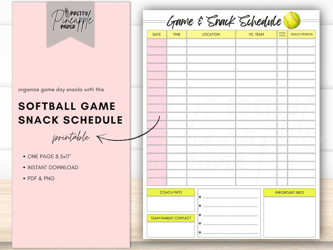 Printable Softball Team Game Day and Snack Schedule, Download Fillable ...