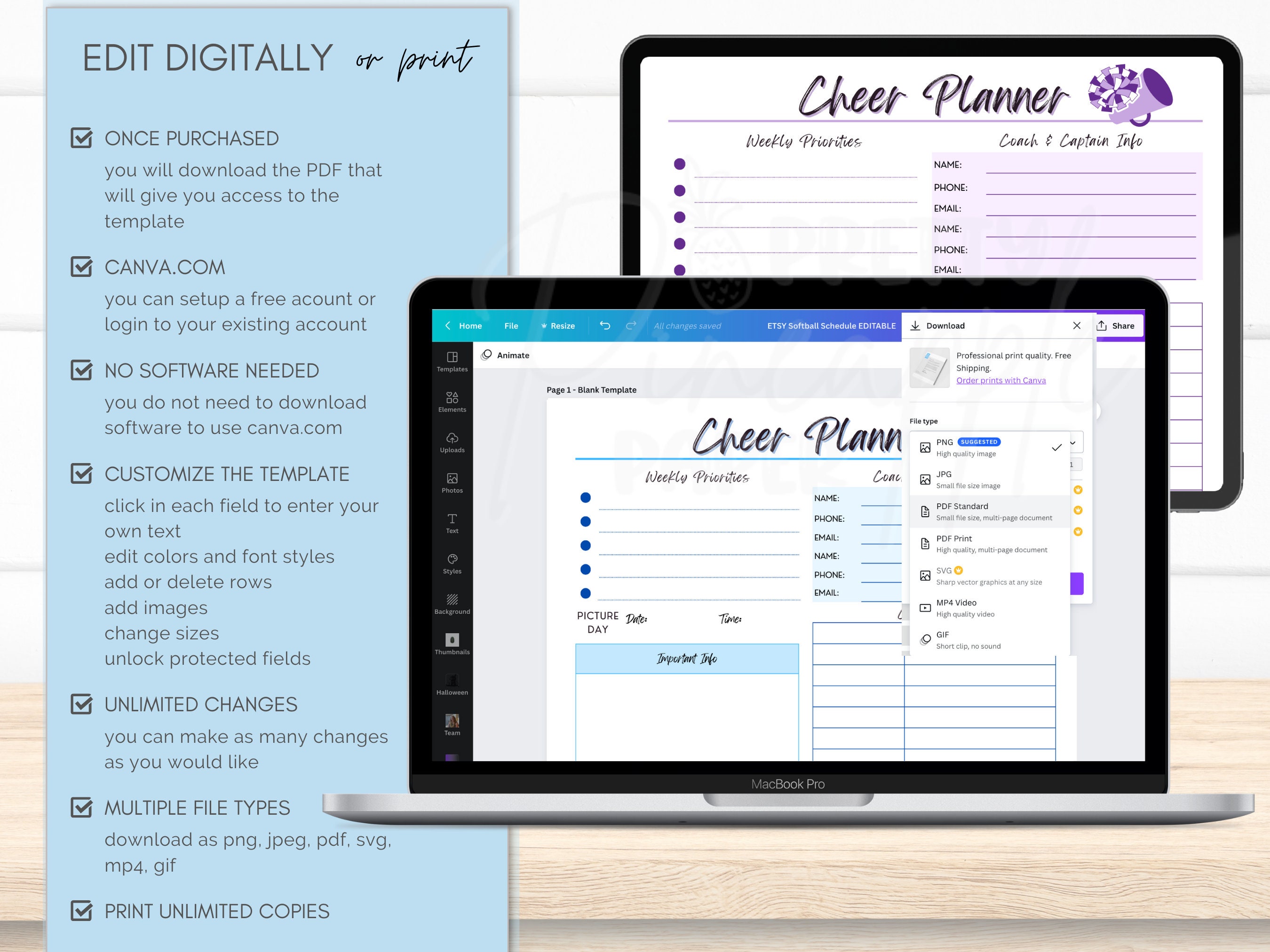 Editable Cheer Season Planner Sheet, Instant Digital Download, Edit in ...